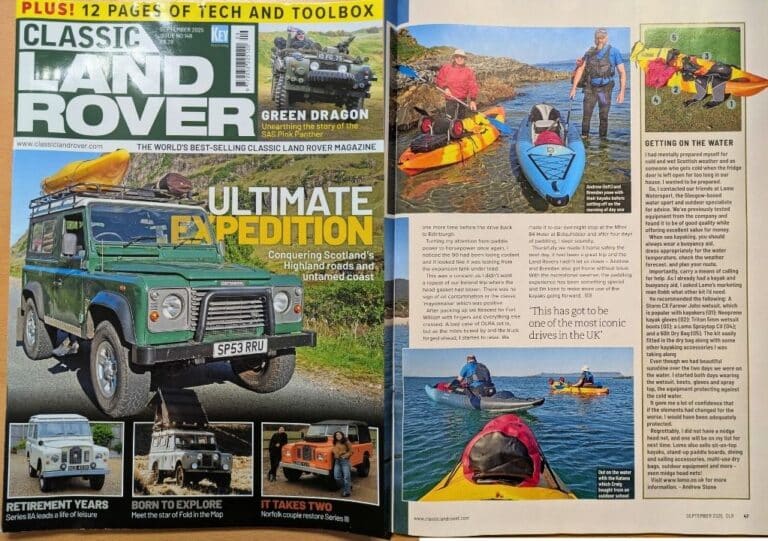Classic Land Rover Getting On The Water | Lomo UK. Wetsuits & Dry Bags